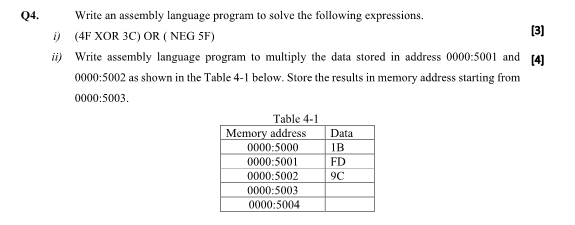 Q4. Write an assembly language program to solve the | Chegg.com