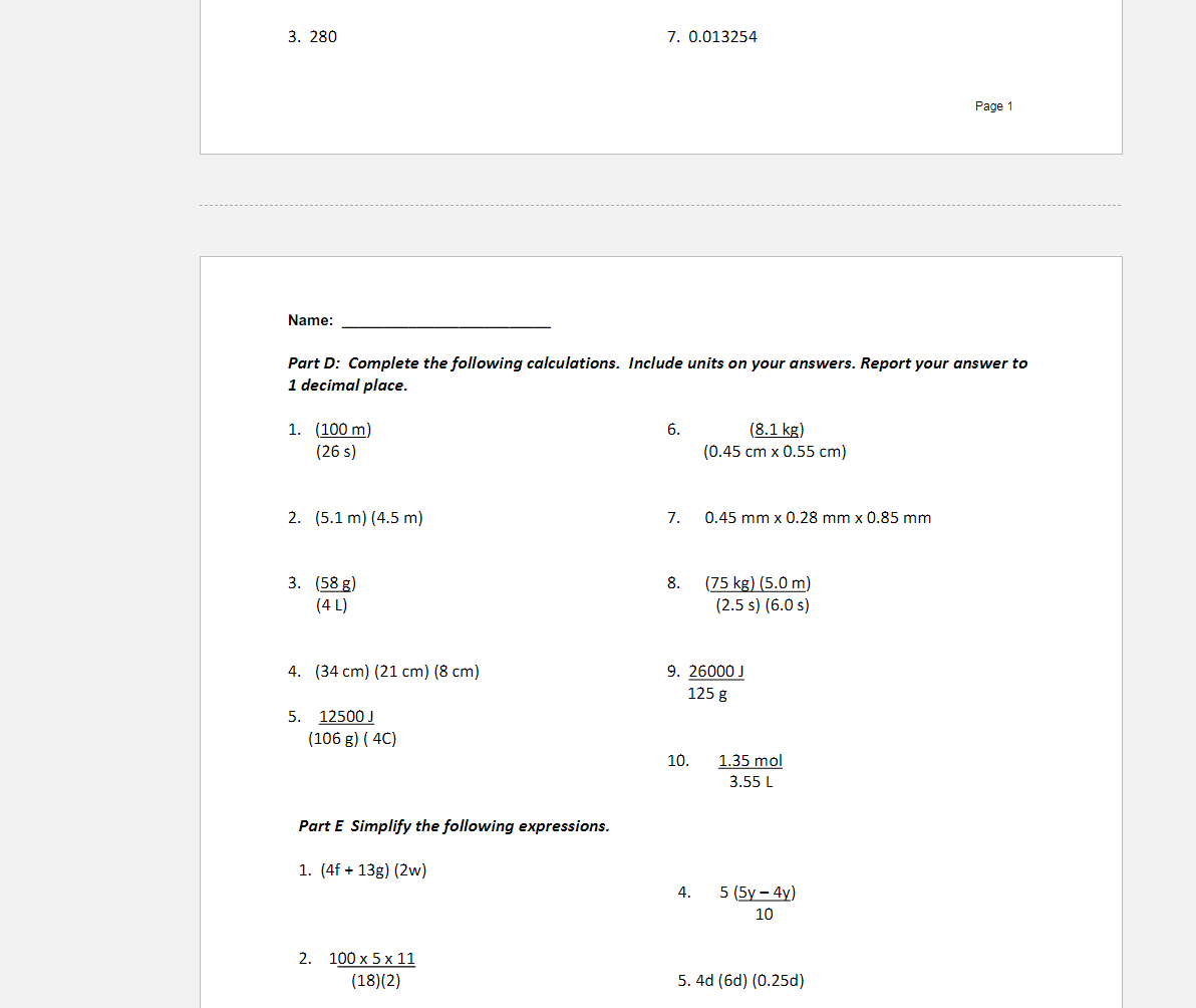 Solved 3. 280 7. 0.013254 Page 1 Name: Part D: Complete the | Chegg.com