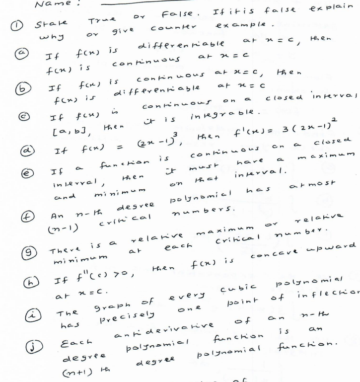 Solved Name: (1) Stare true or False. If it is false explain | Chegg.com