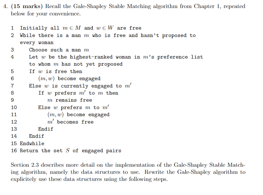 4. (15 marks) Recall the Gale-Shapley Stable Matching | Chegg.com