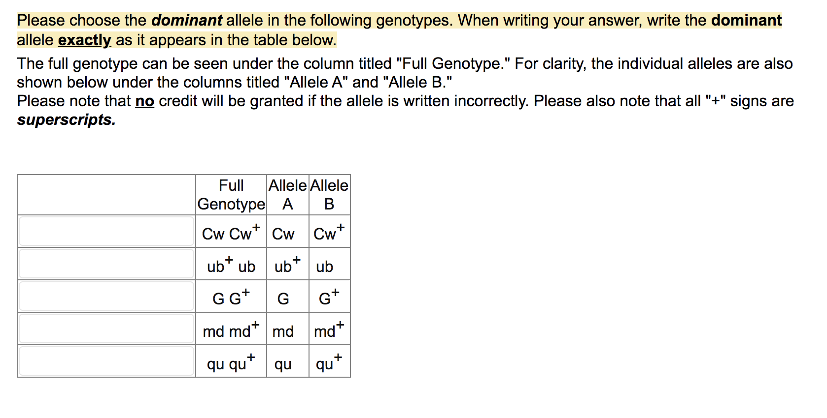 Solved Please choose the dominant allele in the following | Chegg.com