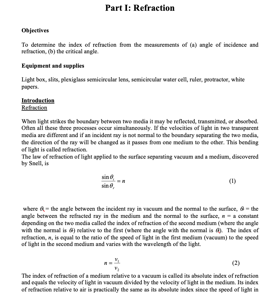 Solved Part I Refraction Objectives To Determine The Index