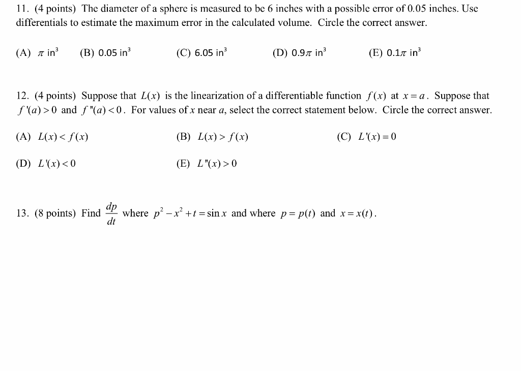 Solved 11. (4 points) The diameter of a sphere is measured | Chegg.com