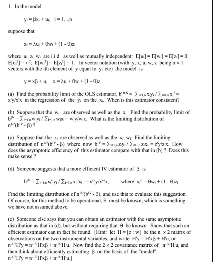 1. In the model yi = Bxi + ui, i= 1,...n suppose that | Chegg.com