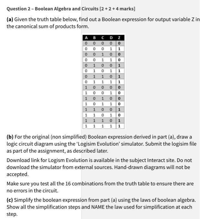 Solved Question 2- Boolean Algebra and Circuits [2+2+4 | Chegg.com