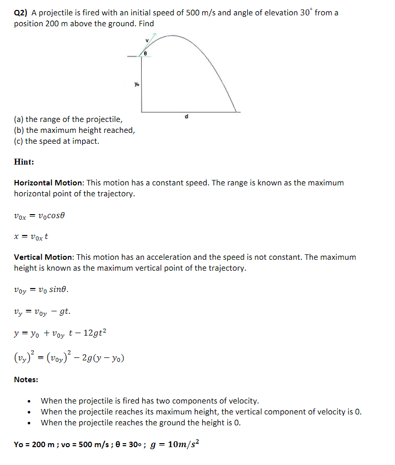 Solved Q2 A Projectile Is Fired With An Initial Speed Of 