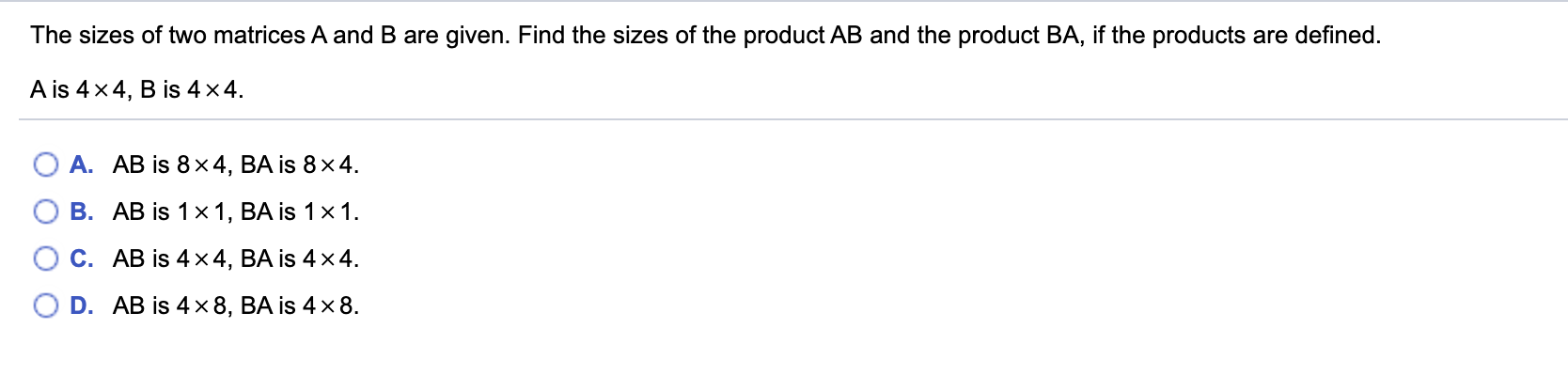 Solved The sizes of two matrices A and B are given. Find the | Chegg.com
