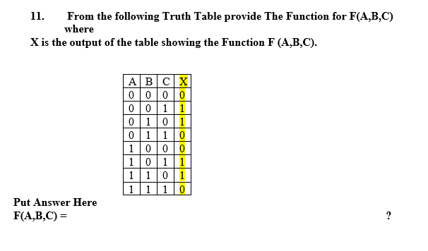 Solved 11. From the following Truth Table provide The | Chegg.com