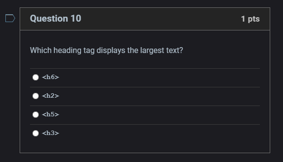 Question 10 1 pts Which heading tag displays the | Chegg.com
