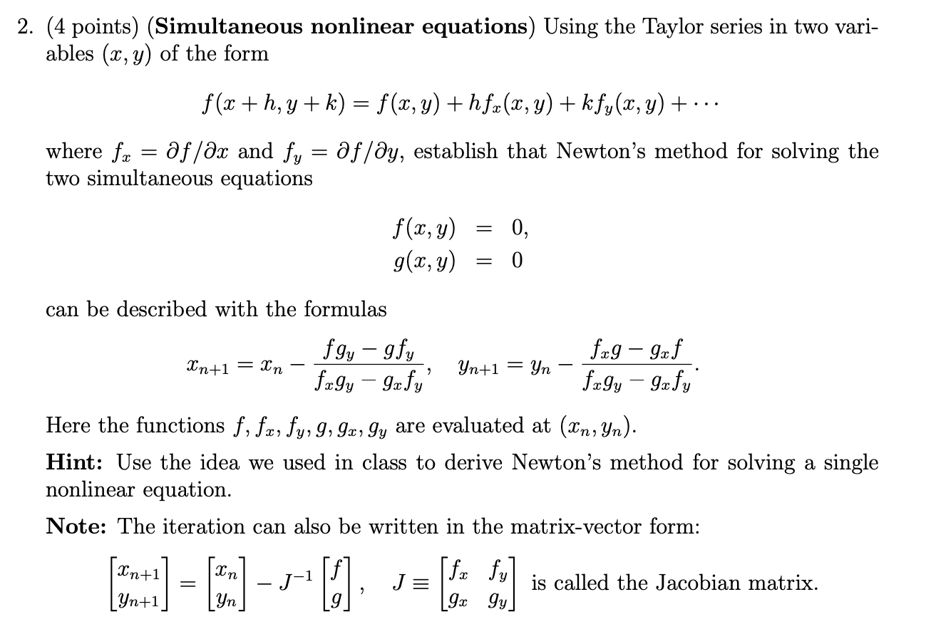 Solved 2. (4 points) (Simultaneous nonlinear equations) | Chegg.com