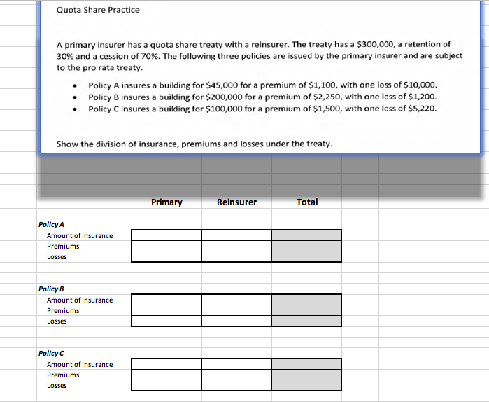 Quota Share Practice A primary insurer has a quota | Chegg.com