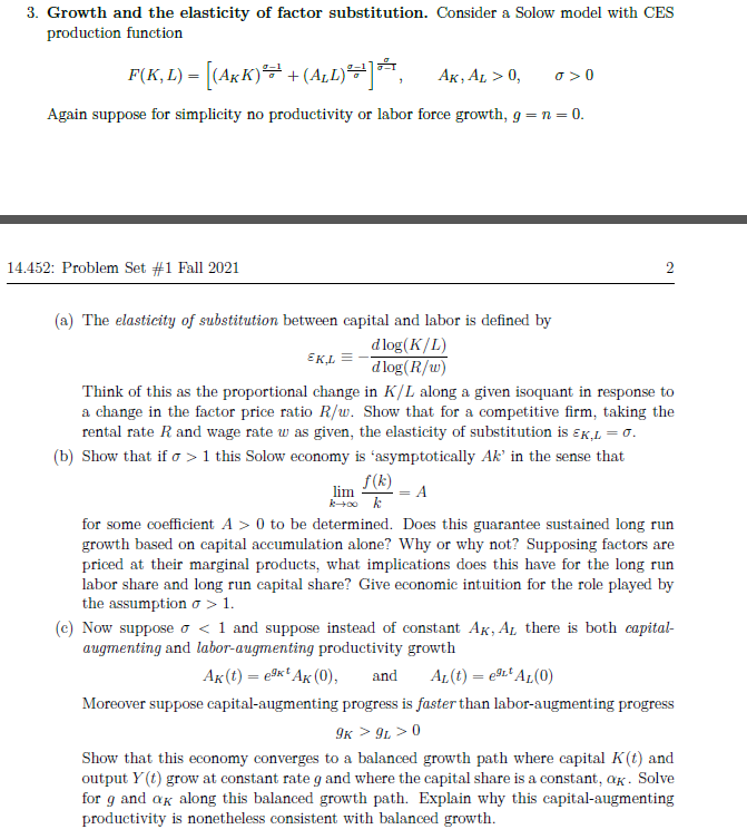 3. Growth and the elasticity of factor substitution. | Chegg.com