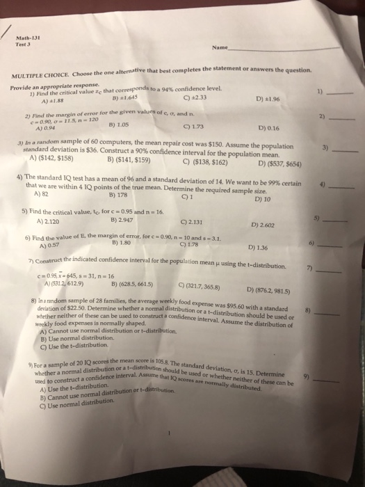 Solved Math-131 Test 3 the statement or answers the | Chegg.com