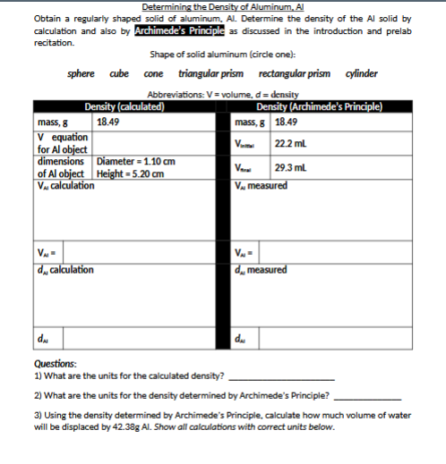 Solved Determining the Density of Aluminum. Al Obtain a | Chegg.com