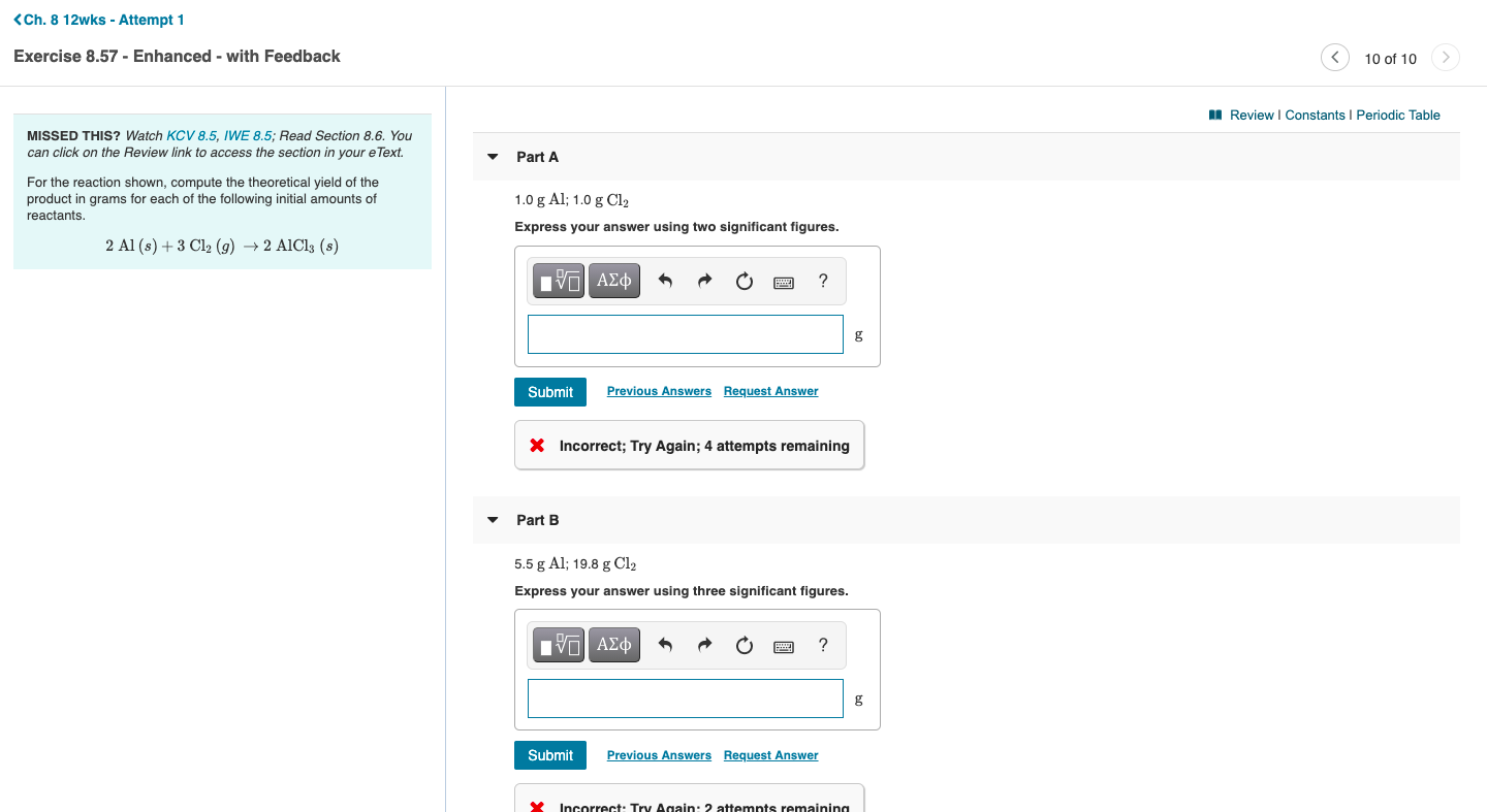 Solved Part C 0.439 g Al; 2.29 g Cl2 Express your answer | Chegg.com