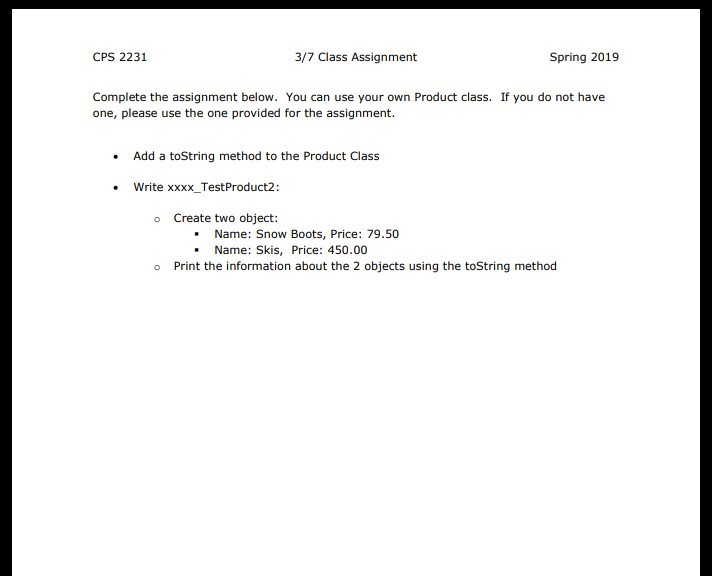 Solved CPS 2231 3/7 Class Assignment Spring 2019 Complete | Chegg.com