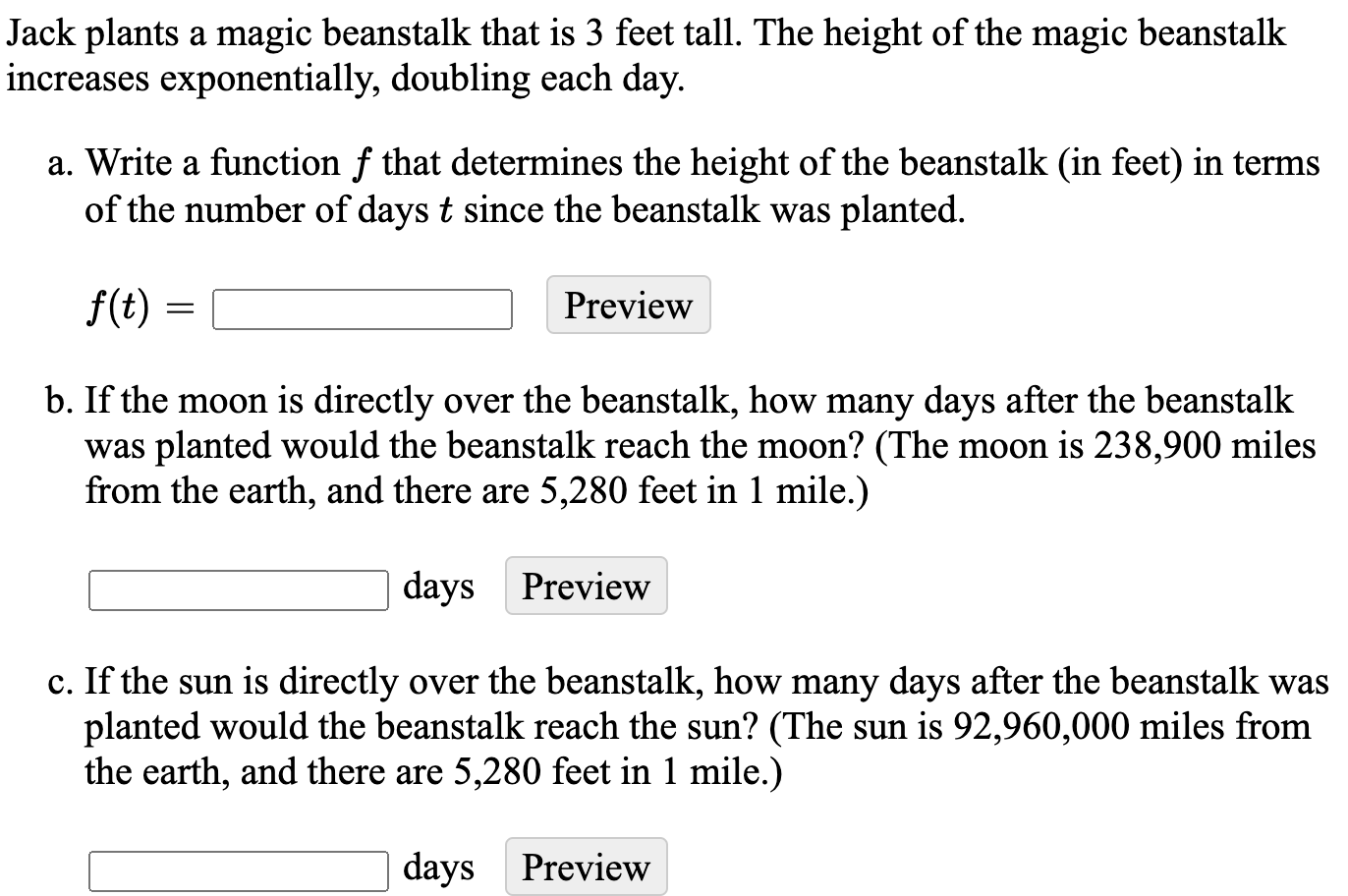 Solved Jack plants a magic beanstalk that is 3 feet tall. | Chegg.com