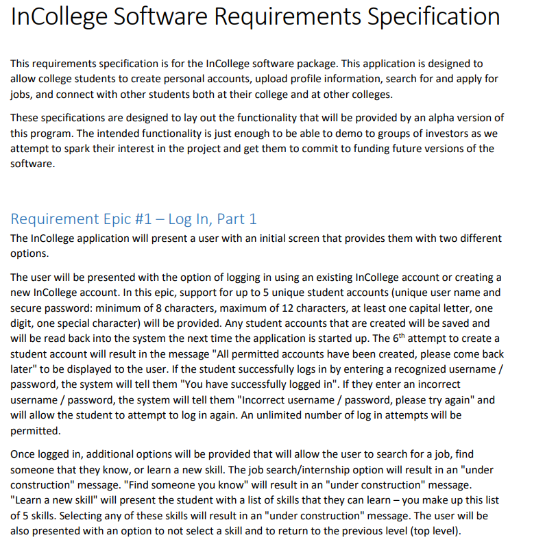 Solved InCollege Software Requirements Specification This | Chegg.com