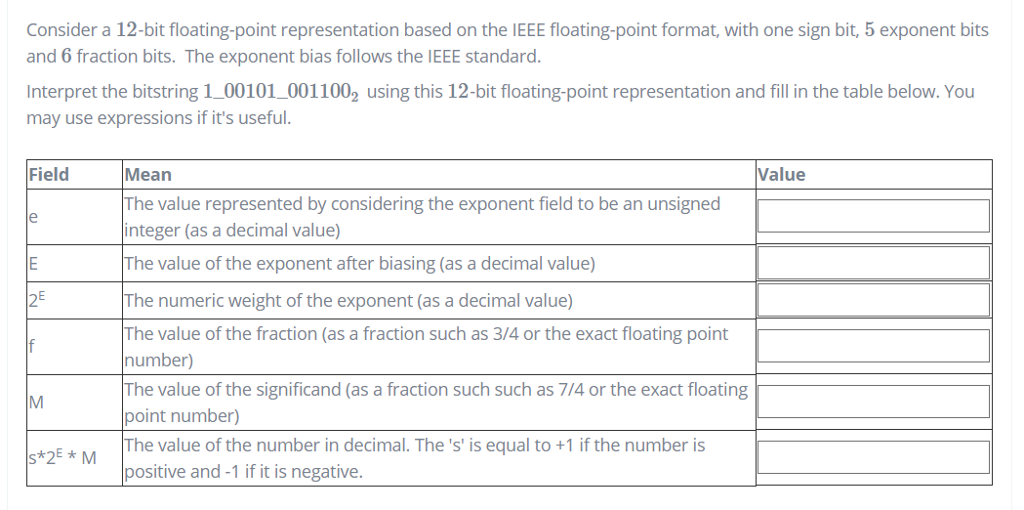 Solved Consider a 12-bit floating-point representation based | Chegg.com