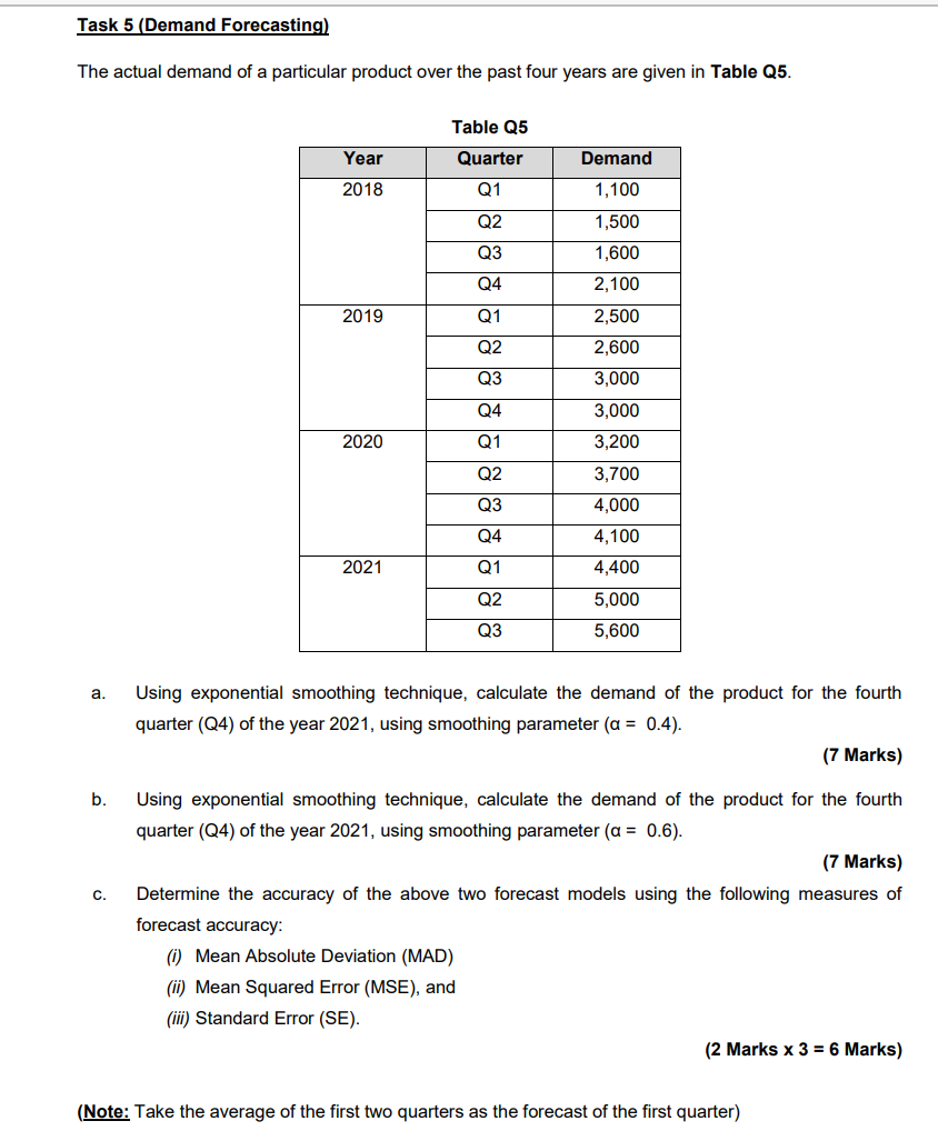 Solved Task 5 (Demand Forecasting) The actual demand of a | Chegg.com