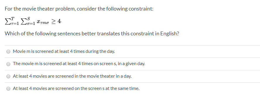 Solved For the movie theater problem, consider the following | Chegg.com
