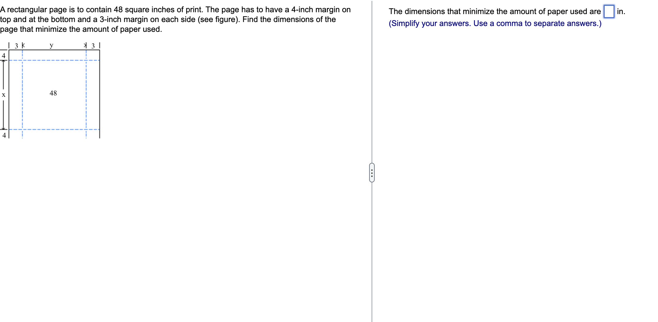 Solved A rectangular page is to contain 48 square inches of | Chegg.com