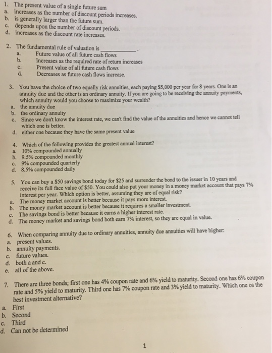 Solved 1· The present value of a single future sum a. | Chegg.com