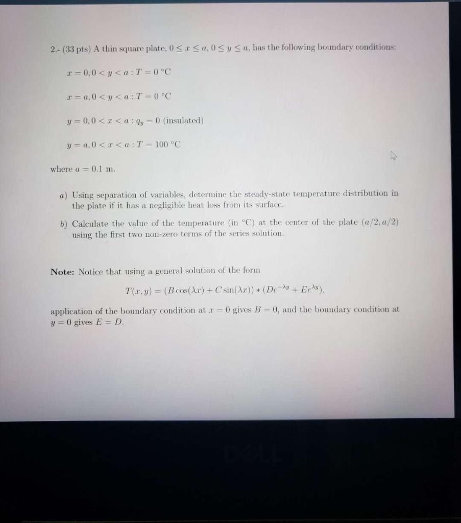 Solved 2.- (33 pts) A thin square plate. Orsa, o y | Chegg.com