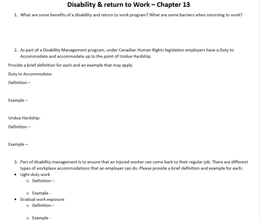 Disability & return to Work - Chapter 13 1. What are | Chegg.com
