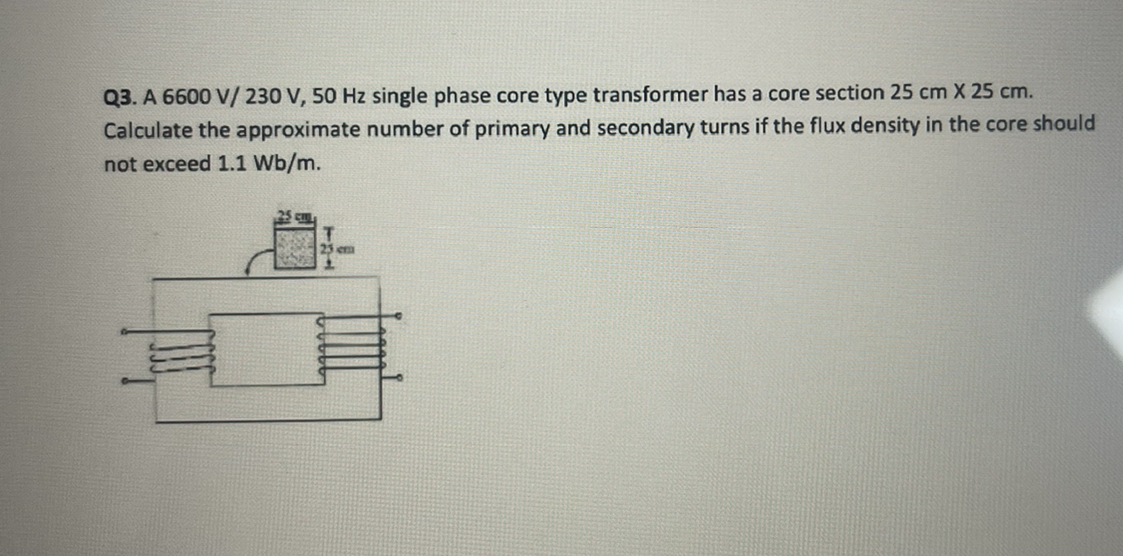 Solved Q3. A 6600 V/230 V,50 Hz single phase core type | Chegg.com