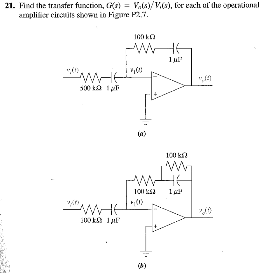 Solved = 21. Find the transfer function, G(s) = Vo(s)/V/(s), | Chegg.com