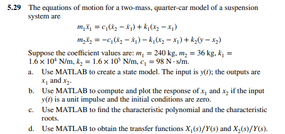 Solved The equations of motion for a two-mass, quarter-car | Chegg.com
