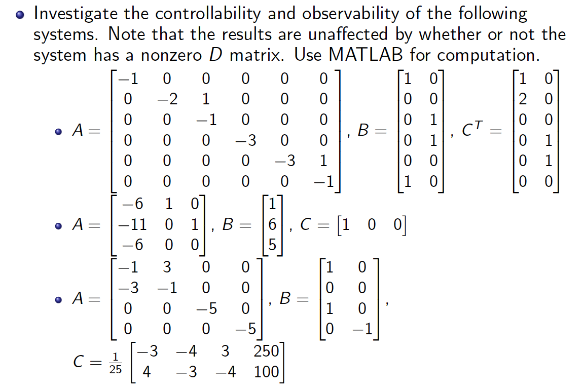 Investigate the controllability and observability | Chegg.com
