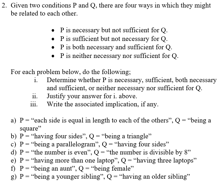 Solved 2. Given two conditions P and Q, there are four ways | Chegg.com