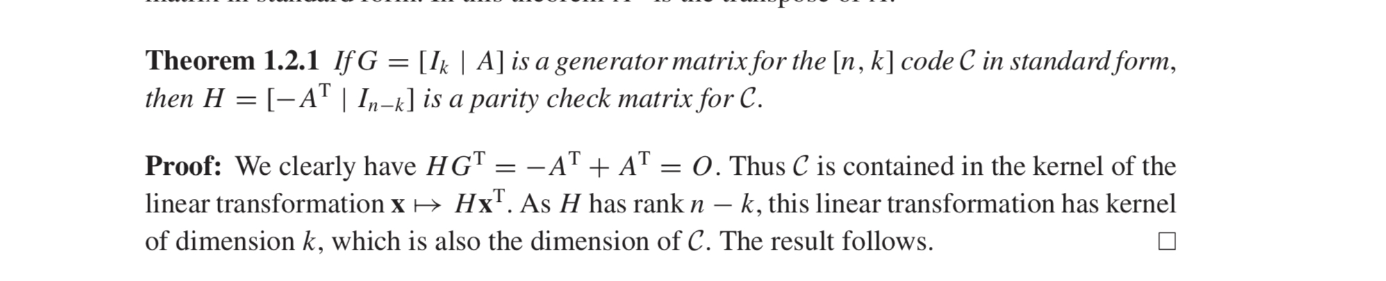 Solved Theorem 1 2 1 If G [ik∣a] Is A Generator Matrix For