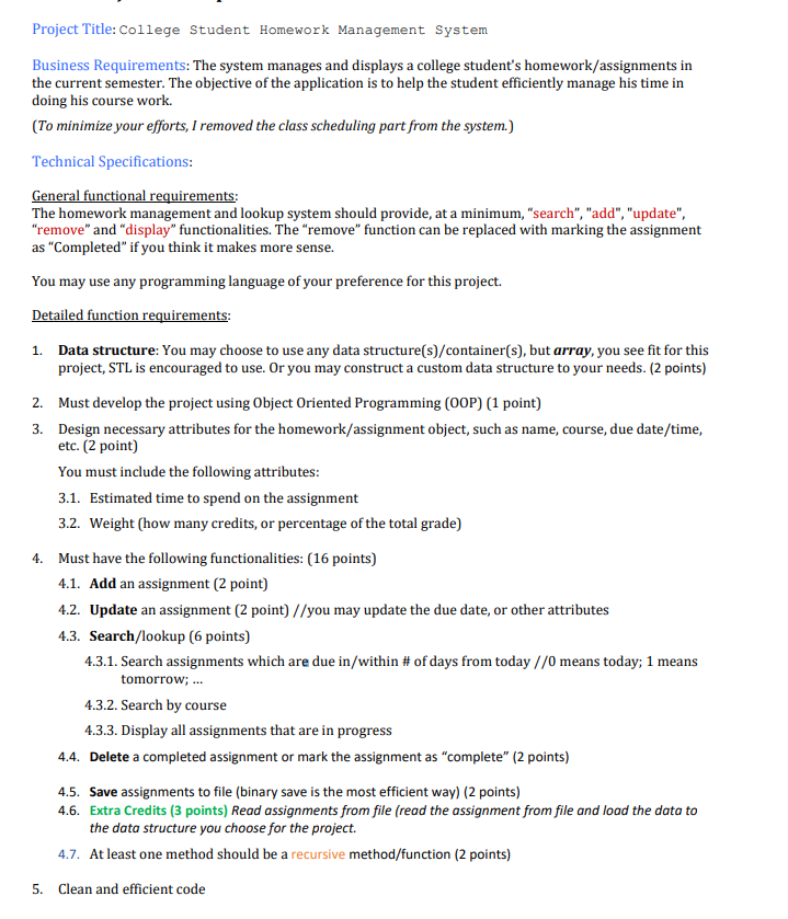 Solved Project Title: College Student Homework Management | Chegg.com