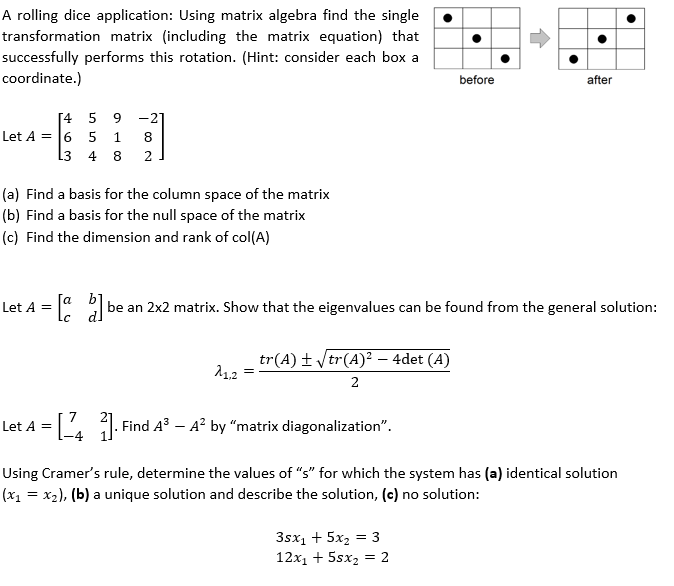 Solved . A rolling dice application: Using matrix algebra | Chegg.com