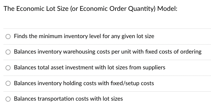 Solved The Economic Lot Size (or Economic Order Quantity) | Chegg.com