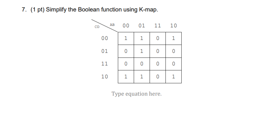 Solved 1. (1 pt) Simplify the Boolean functions using K-map. | Chegg.com