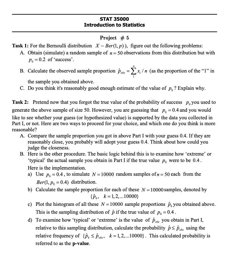 Solved STAT 35000 Introduction to Statistics Project # 5 | Chegg.com