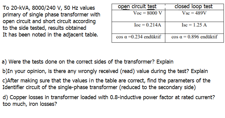 Solved open circuit test Voc = 8000 V closed loop test Vse = | Chegg.com