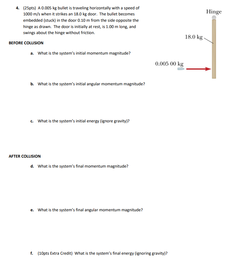Solved Hinge 4. (25pts) A 0.005 kg bullet is traveling | Chegg.com
