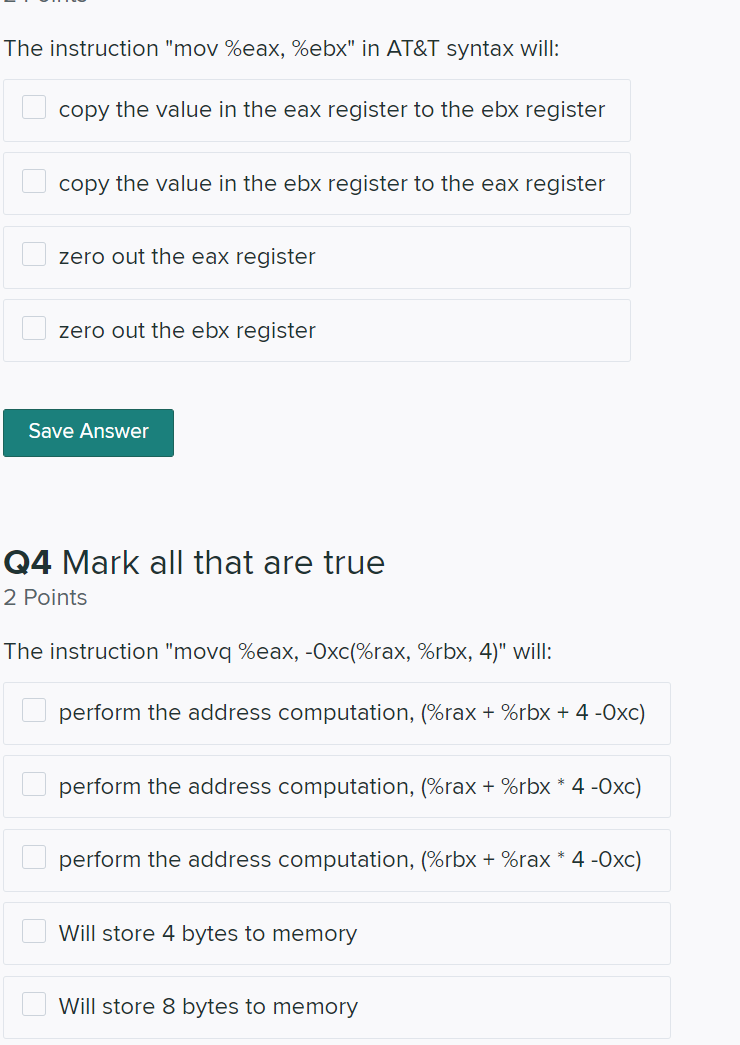 Solved The instruction "mov %eax, %ebx" in AT&T syntax will: | Chegg.com