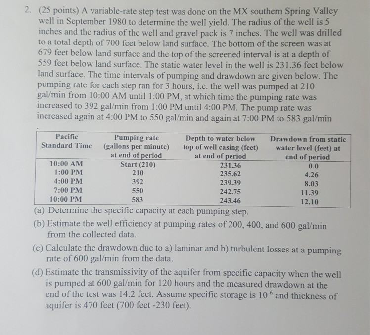 Solved 2. (25 points) A variable-rate step test was done on | Chegg.com