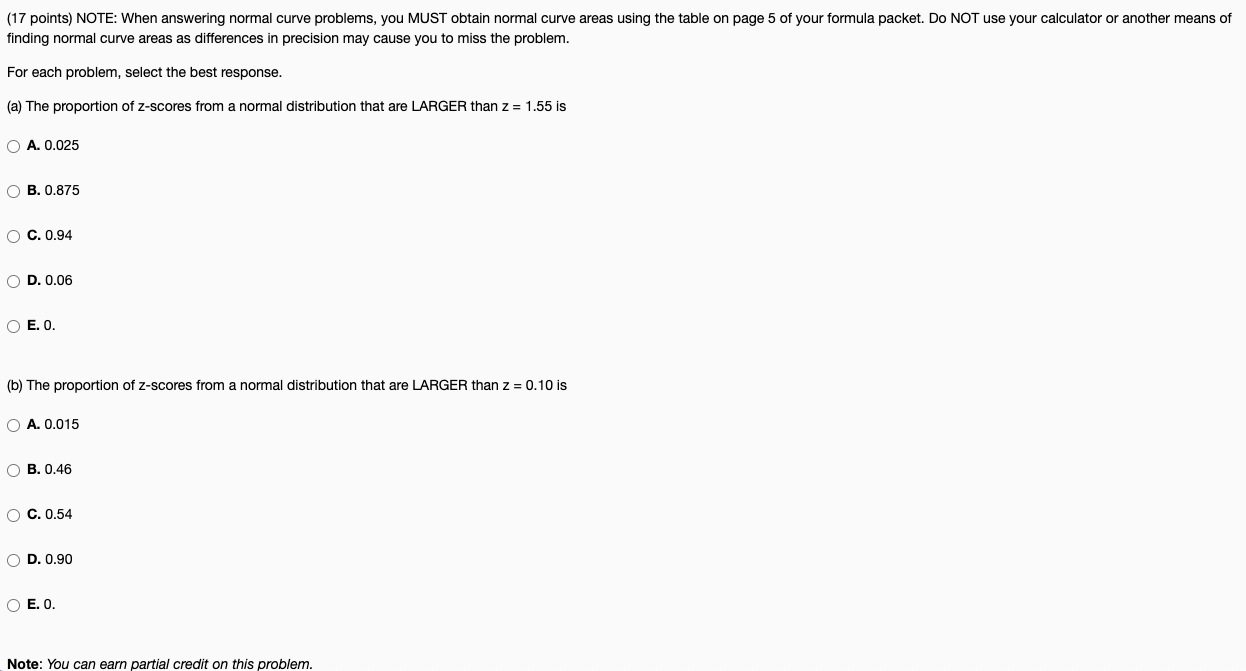 Solved (17 points) NOTE: When answering normal curve | Chegg.com