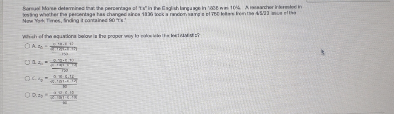 Solved Samuel Morse determined that the percentage of "t's" | Chegg.com