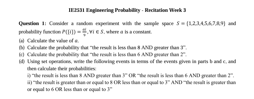 Solved IE2531 ﻿Engineering Probability - ﻿Recitation Week | Chegg.com