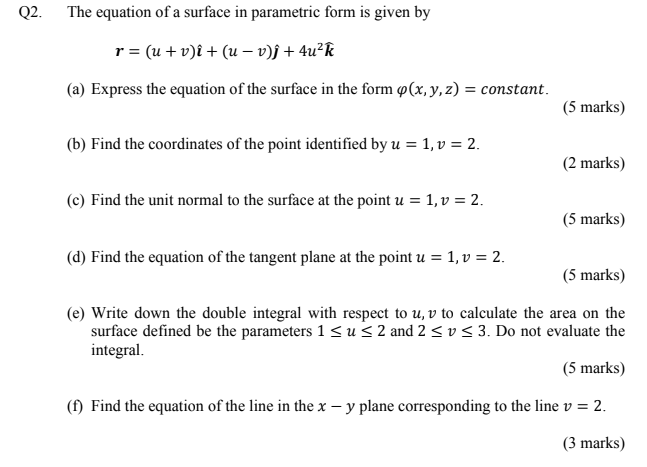 Solved Q2. The equation of a surface in parametric form is | Chegg.com