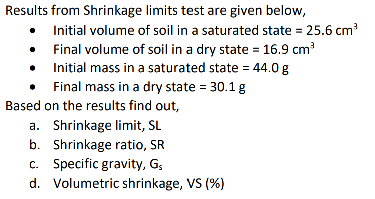 Solved Results from Shrinkage limits test are given below, | Chegg.com