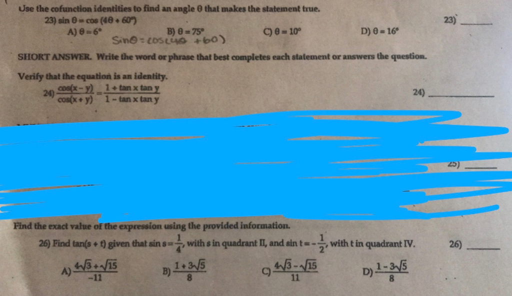 Solved Use the cofunction identities to find an angle θ that | Chegg.com
